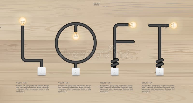 `LOFT` Abstract Linear Alphabet of Light Bulb and Light Switch on Wood ...