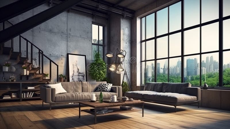 Loft Apartment Interior Design with Panoramic Window Interior. White ...