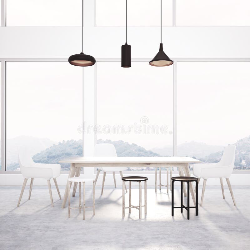 Loft Dining Room Interior, Wooden Table Side View Stock Illustration ...