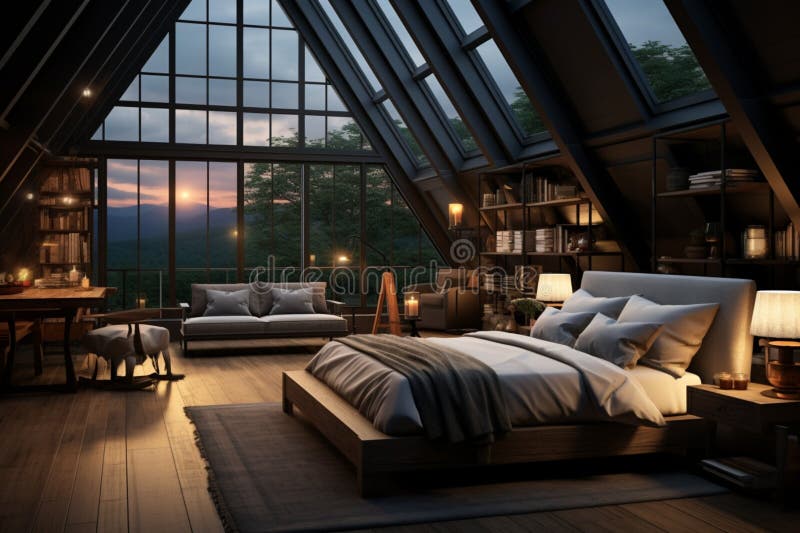 Loft Elegance Master Bedroom in Dark Attic with Luxurious Studio Stock ...