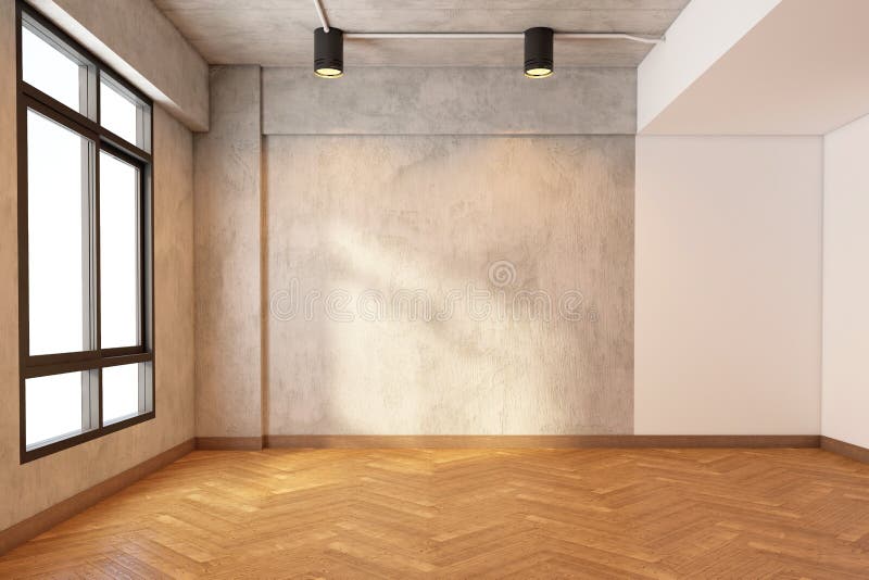 Loft Empty Room with Bare Cement Wall and Pattern Wood Floor. 3d ...