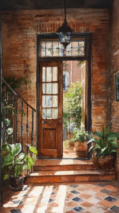 Loft House Entrance Featuring Rustic Decor and Lush Greenery with ...