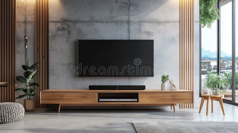 Loft-Inspired TV Room Interior Wall Mockup on Rustic Concrete Surface ...