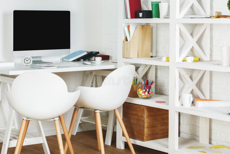 Loft Interior with Blank White Computer Stock Photo - Image of desktop ...