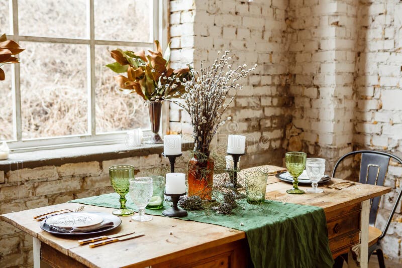 Loft Interior with Brick Wall, Table and Chairs Stock Image - Image of ...