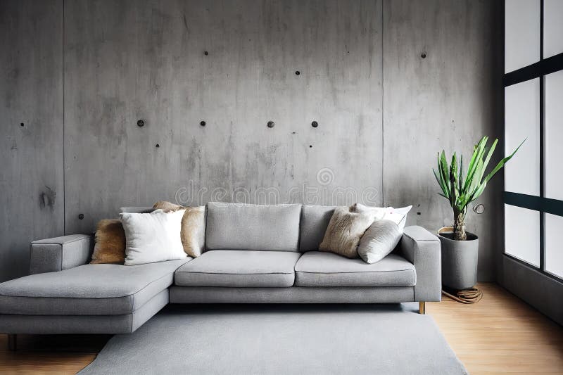 Loft Interior with Concrete Walls and Soft Gray Sofa, Interior in ...