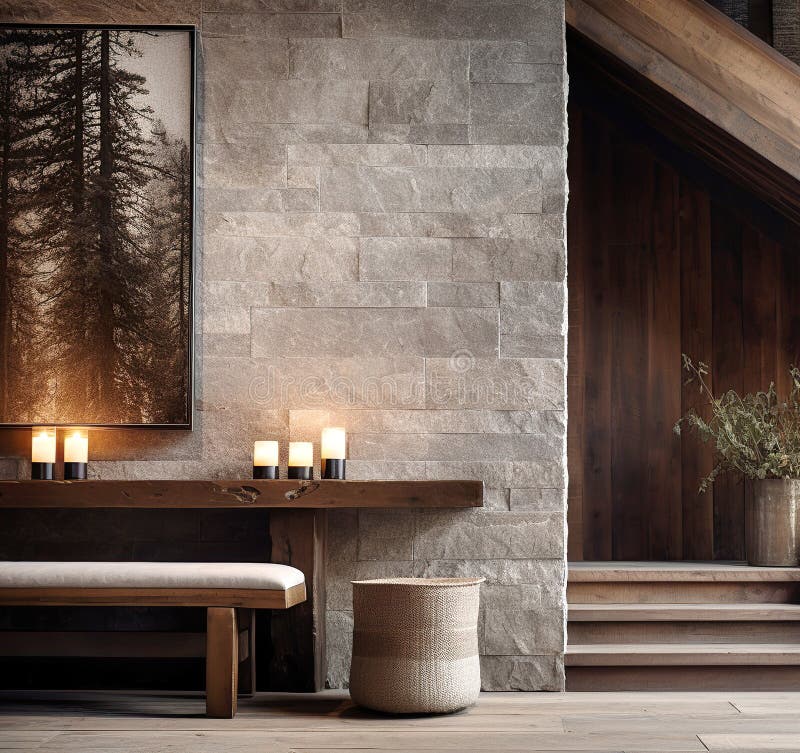 Loft Interior Design of Modern Home Entryway. Farmhouse Hall with Bench and Console Table ...