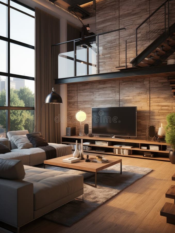 Loft Interior Design of Modern Living Room Stock Illustration ...