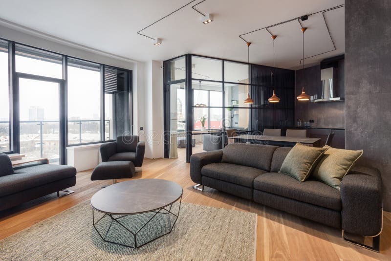 Loft Interior in Flat Studio with Glass Partition and Panoramic Windows ...