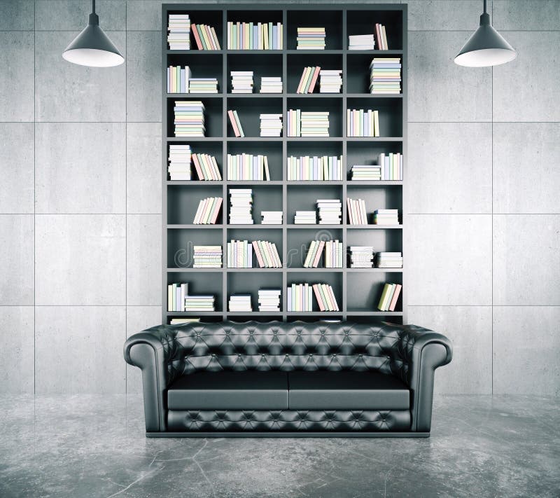 Loft Interior with a Library, a Beautiful Leather Sofa Stock ...