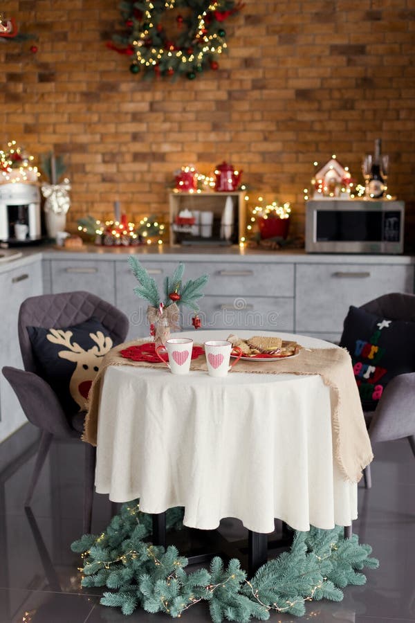Loft Kitchen Interior with Christmas Decorations Stock Photo - Image of ...
