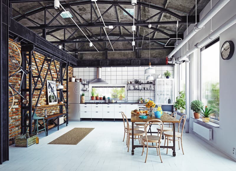 Loft kitchen stock illustration. Illustration of pipe - 88715700