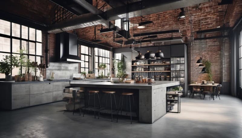 Loft Kitchen with Natural Stone and Bricks Stock Illustration ...