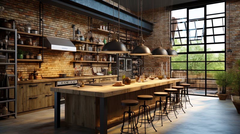 Loft Kitchen with Open Wiring, Brickwork and Metal Elements Stock ...