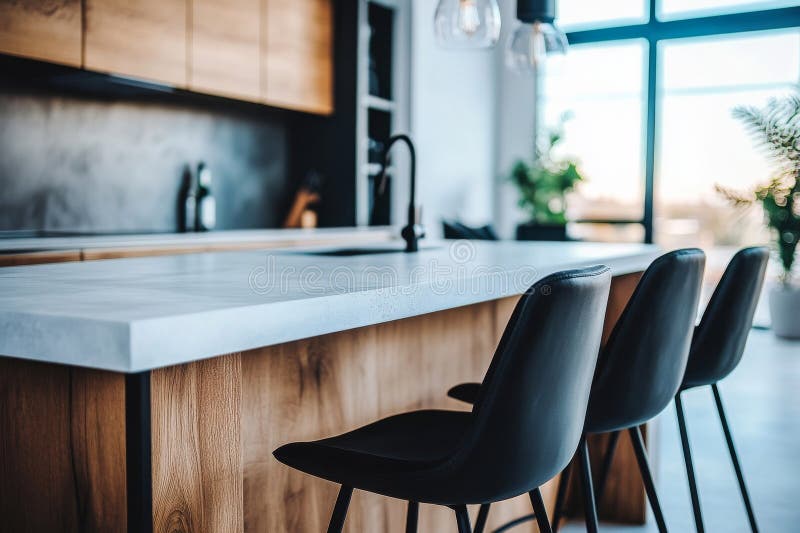 Loft Kitchen Space Designed with a Cozy Counter, Furniture, and Table ...