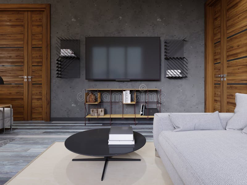 Loft Lounge with a Yellow Designer TV Stand and a TV with Shelves Stock ...