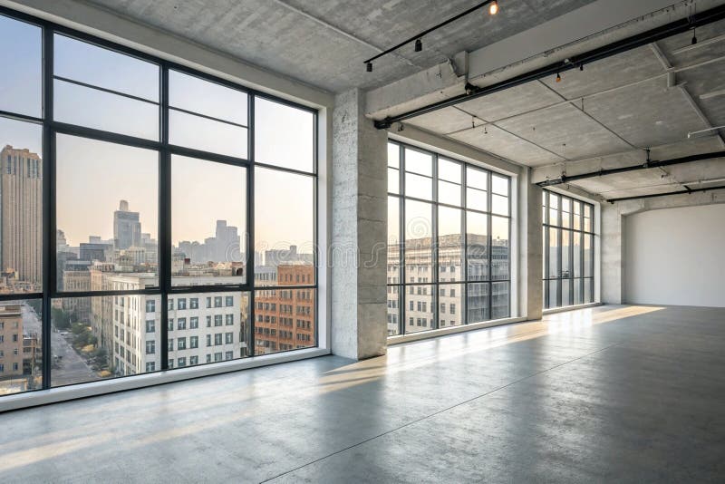 Loft Room with Big Window and City View 3D Render Stock Image - Image ...