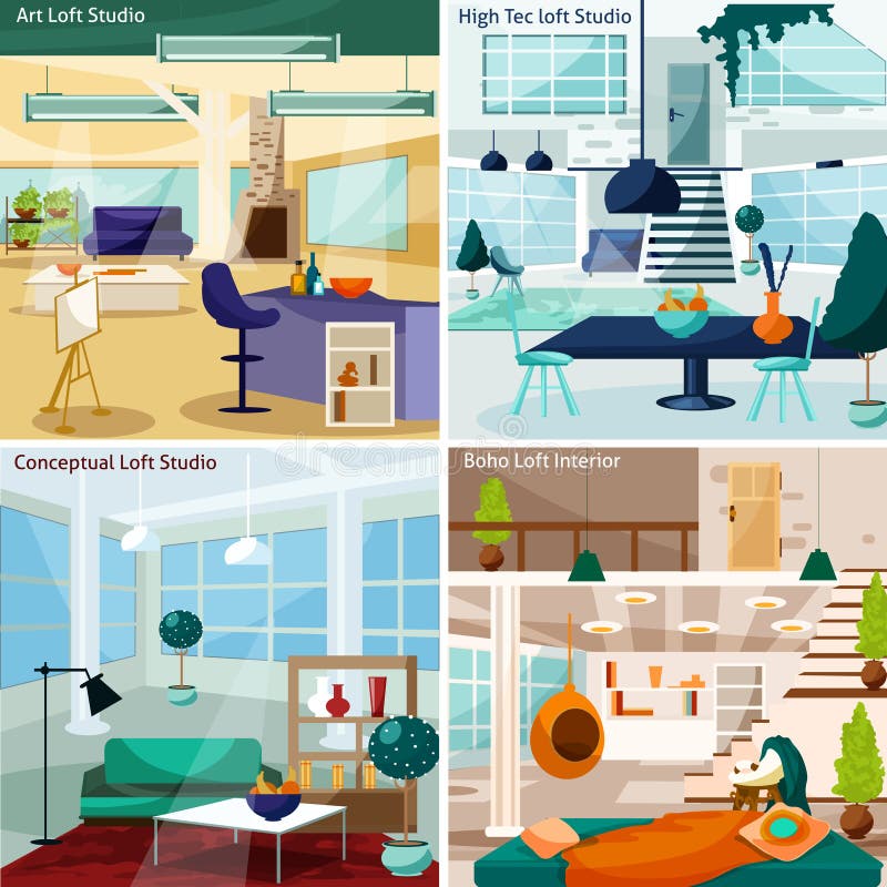 Loft Studio Concept Icons Set Stock Vector - Illustration of home ...
