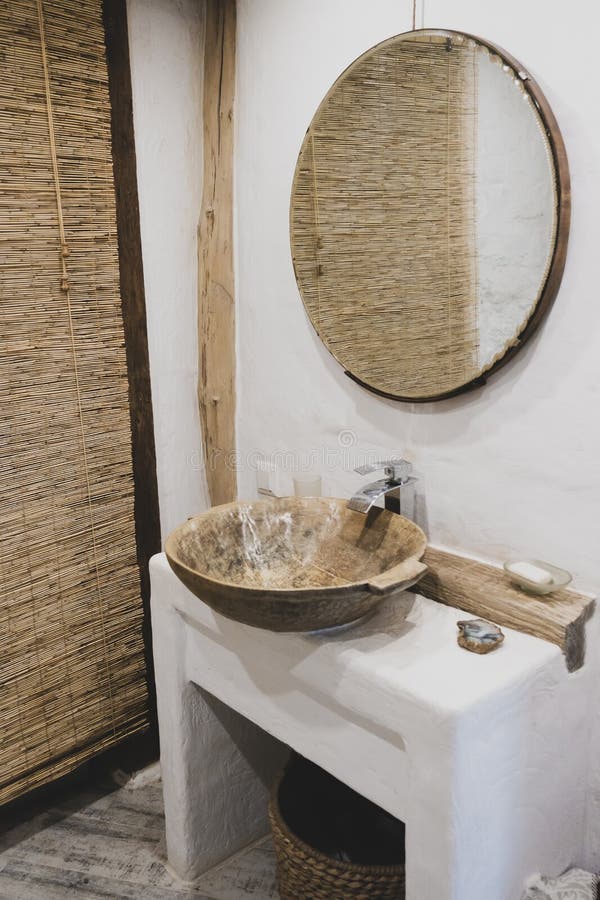 Loft Style Bathroom with Washbasin and Round Mirror Stock Photo - Image ...