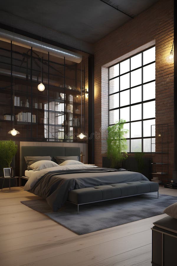 Loft Style Bedroom Interior in Luxury House Stock Illustration ...