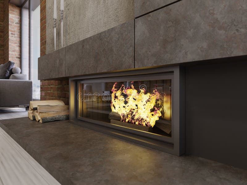 Loft-style Designer Fireplace, Built-in Firebox with Burning Fire and ...
