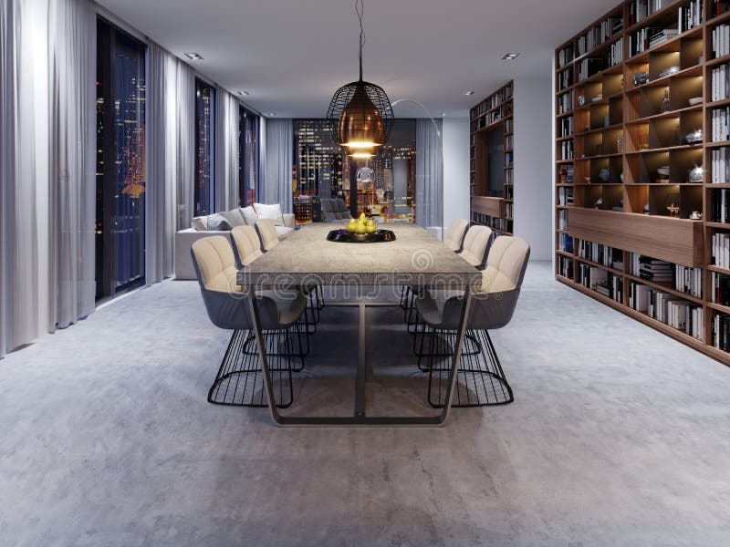 Loft-style Dining Room with Large Table and Solid Concrete Worktop, Six ...