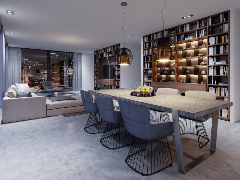 Loft-style Dining Room with Large Table and Solid Concrete Worktop, Six ...