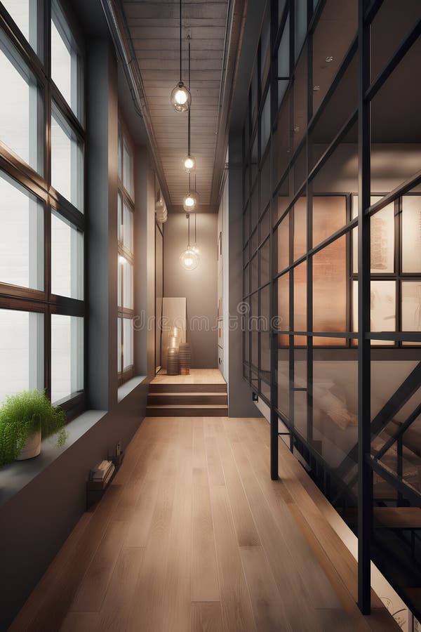 Loft Style Hallway Interior in Luxury House Stock Illustration ...