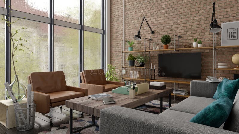 Loft Style Interior Design 3D Rendering Stock Illustration ...