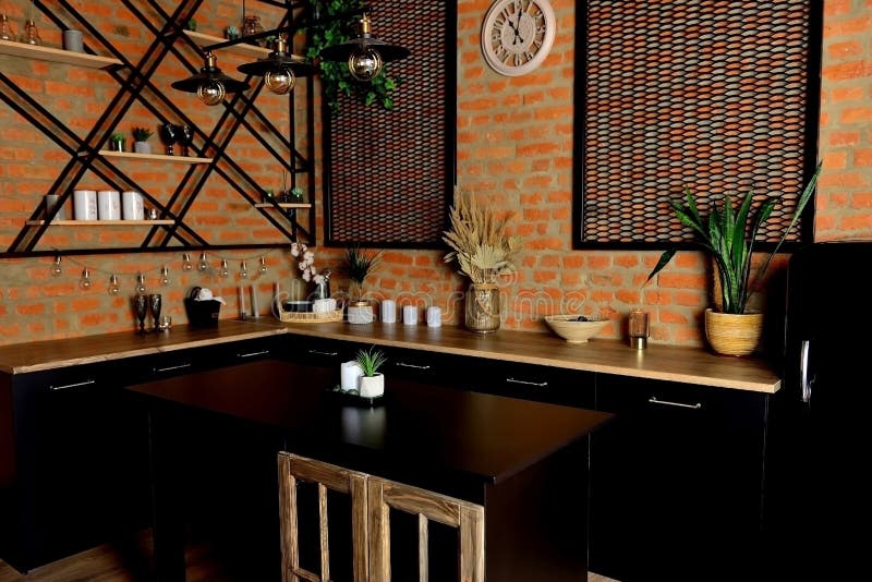 Loft Style Kitchen Interior in a Black Stock Photo - Image of chairs ...