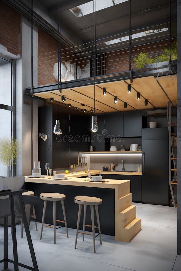 Loft Style Kitchen Interior in Luxury House Stock Illustration ...