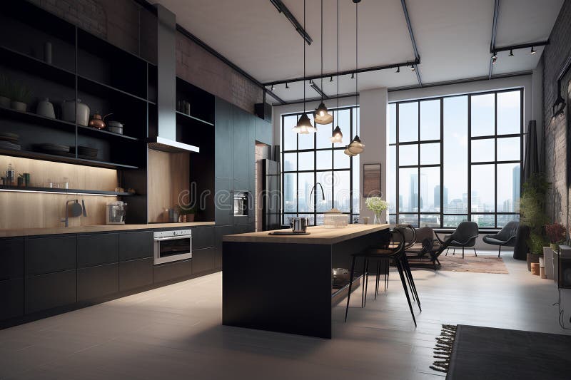 Loft Style Kitchen Interior in Luxury House Stock Illustration ...