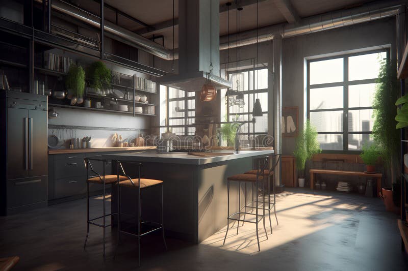 Loft Style Kitchen Interior in Luxury House Stock Illustration ...