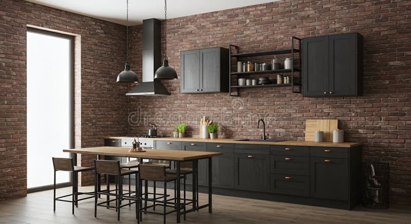Loft-Style Kitchen Interior Stock Illustration - Illustration of loft ...