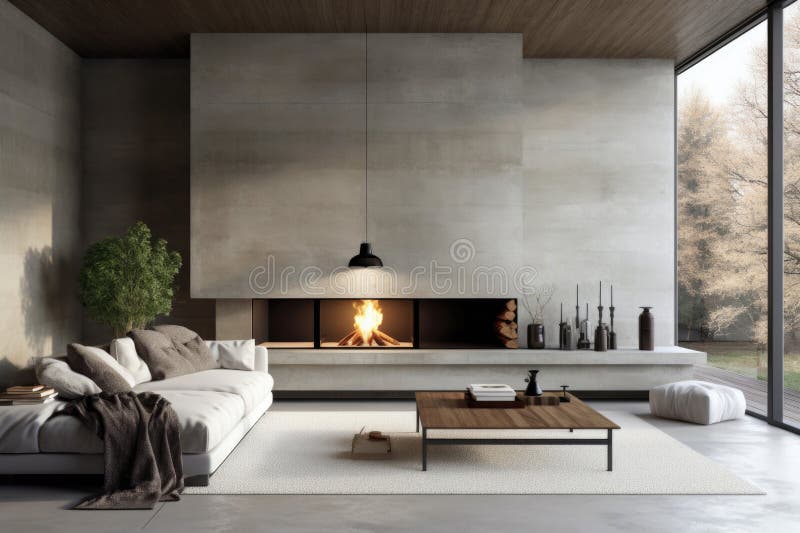 Loft-style Living Room with Fireplace and Sofa Stock Illustration ...