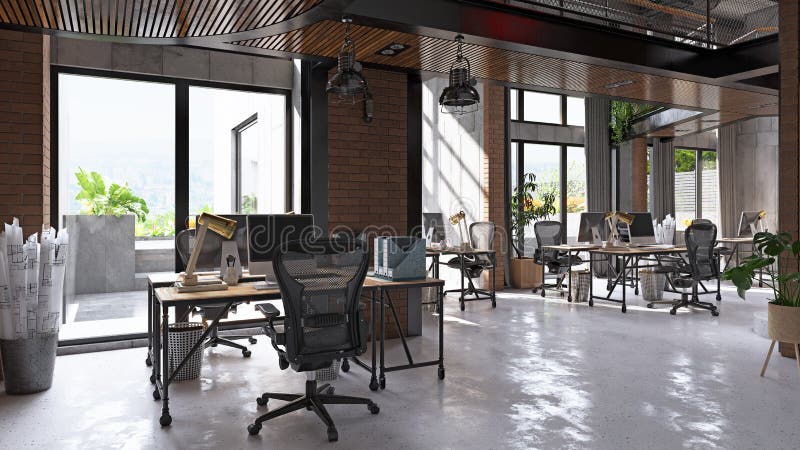 Loft style modern office stock illustration. Illustration of desk ...