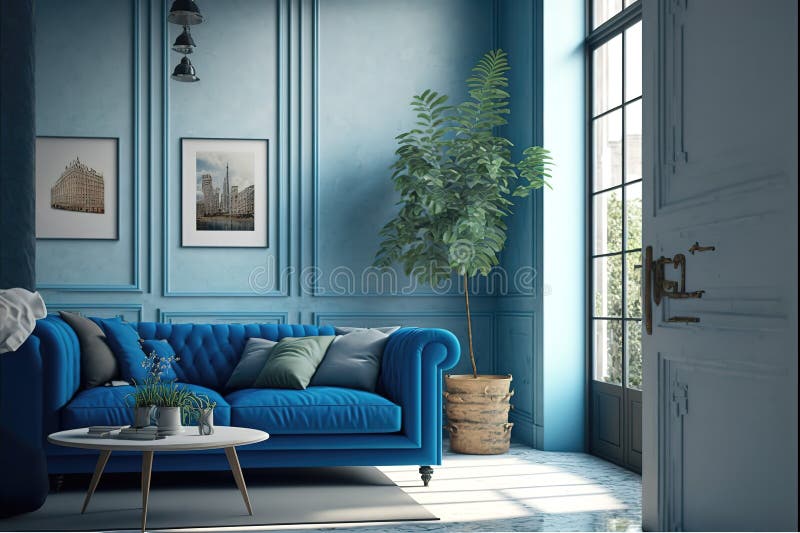 Loft and Vintage Interior of Living Room, Blue Sofa on White Flooring ...