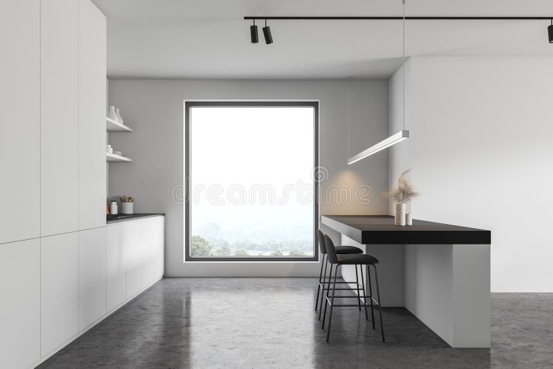 Loft White Kitchen with Countertops and Bar Stock Illustration ...
