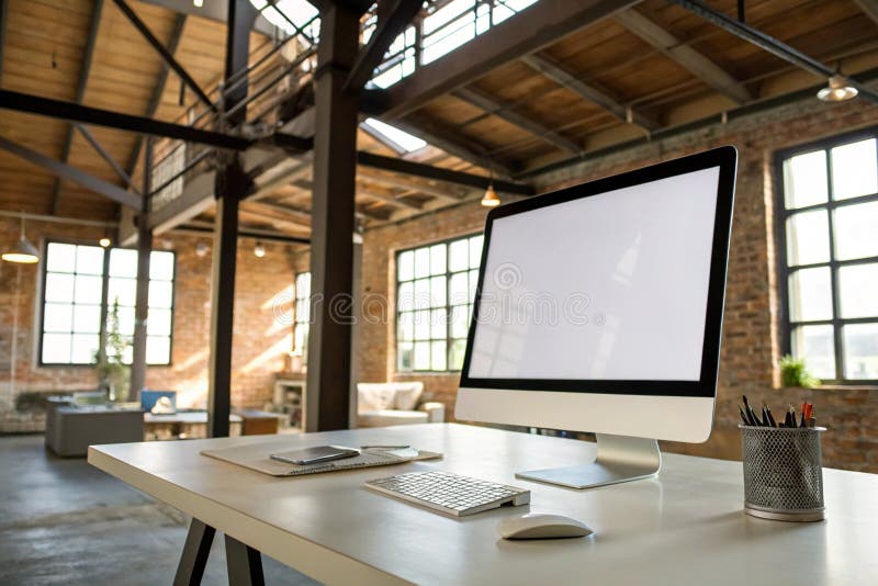 Loft Workspace with Copy Space and Blank Screen Desktop Computer Stock ...