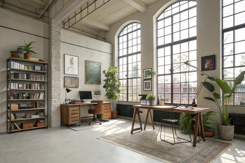 Loft Workspace with Stylish Furniture Stock Illustration - Illustration ...