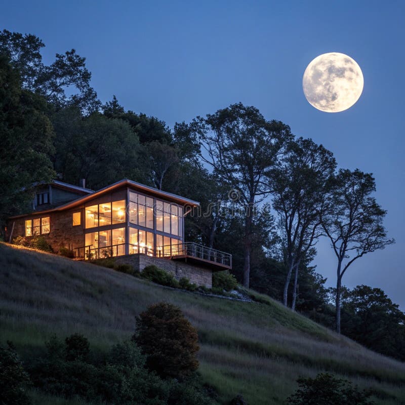 Lofty house with moon view stock illustration. Illustration of moonlit ...