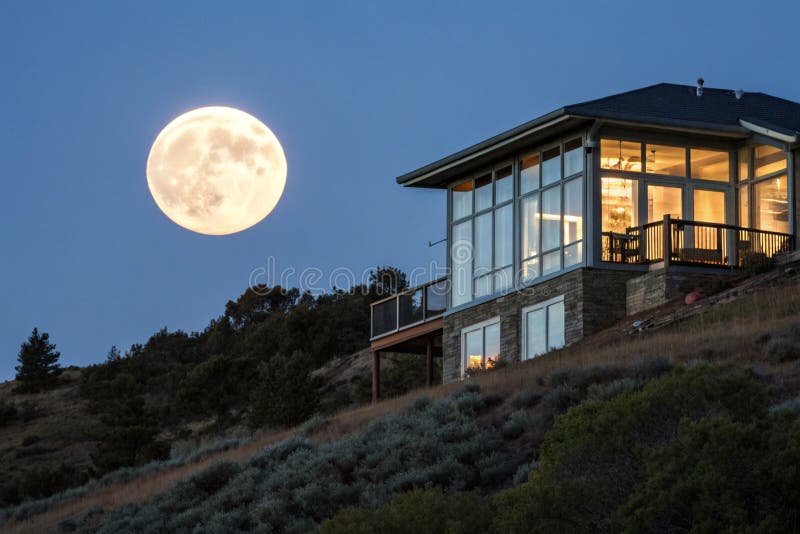 Lofty house with moon view stock illustration. Illustration of lighting ...