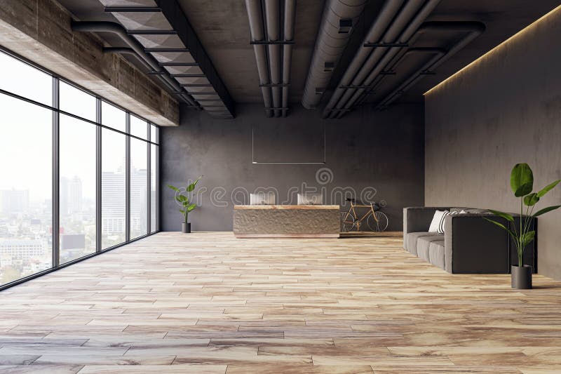 Lofty Office Space with Herringbone Wood Floor and City View ...