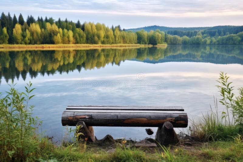 Log Bench Overlooking the Stillness of a Lake Stock Photo - Image of ...