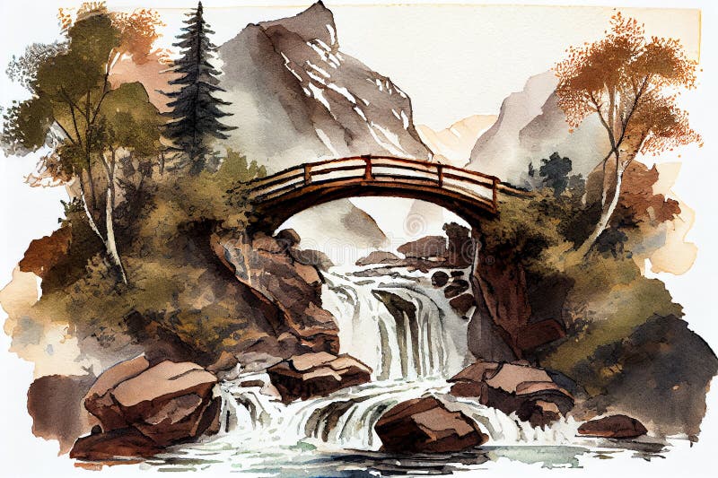 Log Bridge between Mountains Over Rock Stock Illustration ...
