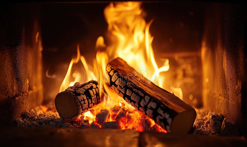 A Log Burning Brightly in a Traditional Fireplace, Flames Flickering ...
