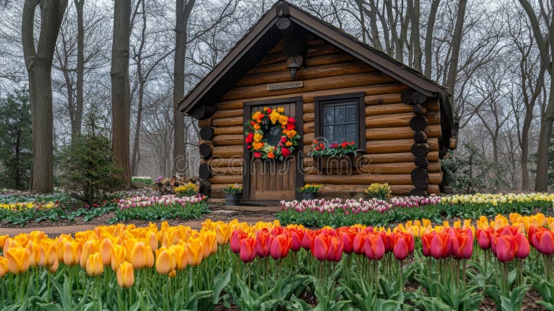 Log Cabin Adorned with Spring Flowers and Tulips Stock Illustration ...