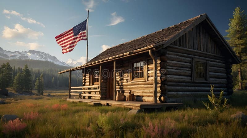 Log Cabin with an American Flag, AI-generated. Stock Illustration ...