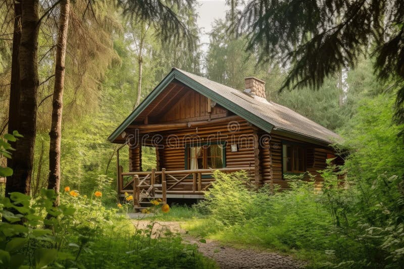 Log Cabin in Beautiful Forest Surrounded by Trees Stock Illustration ...
