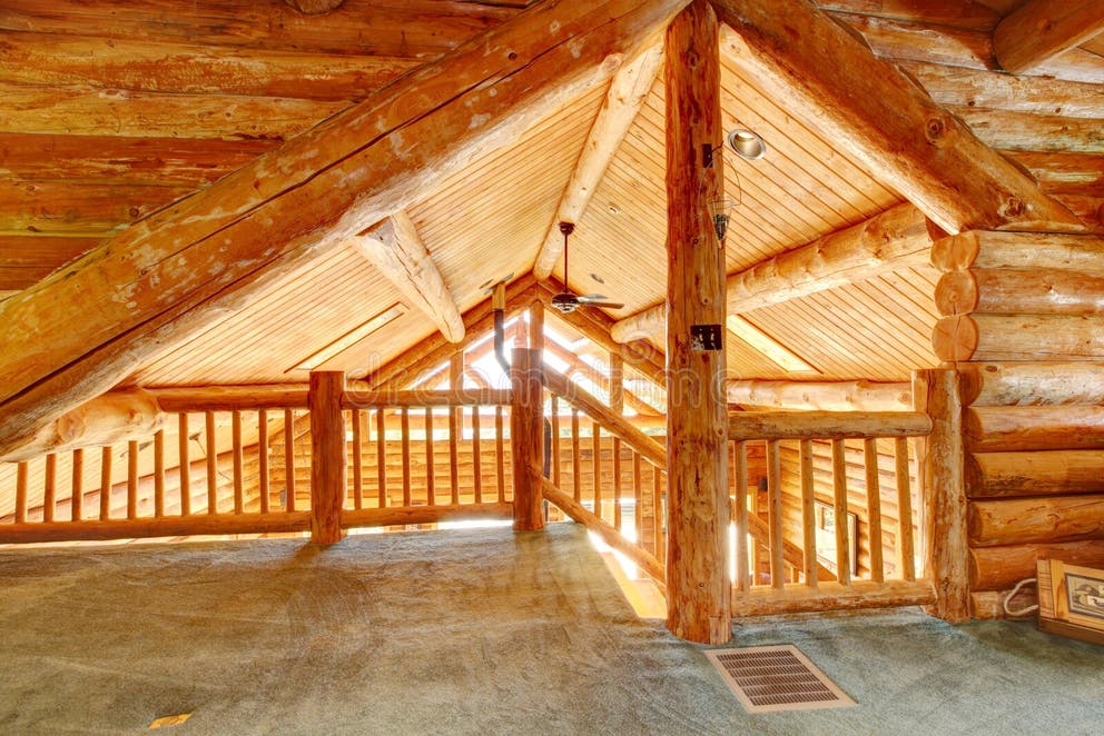 Log Cabin Ceiling and Staircase. Stock Photo - Image of support ...